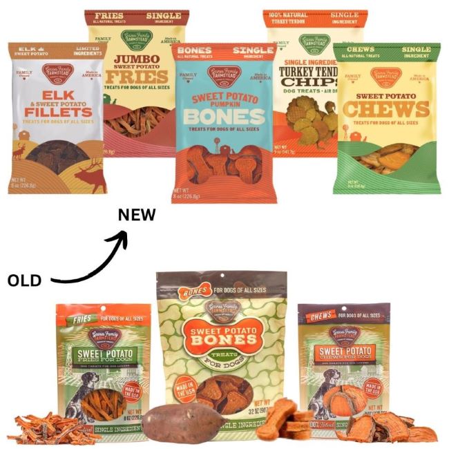 Gaines dog food treats old vs new packaging Pet Age